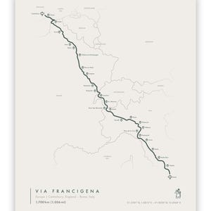 Via Francigena Map Europe Hiking Trail Poster Rome Italy Hiking Art ...
