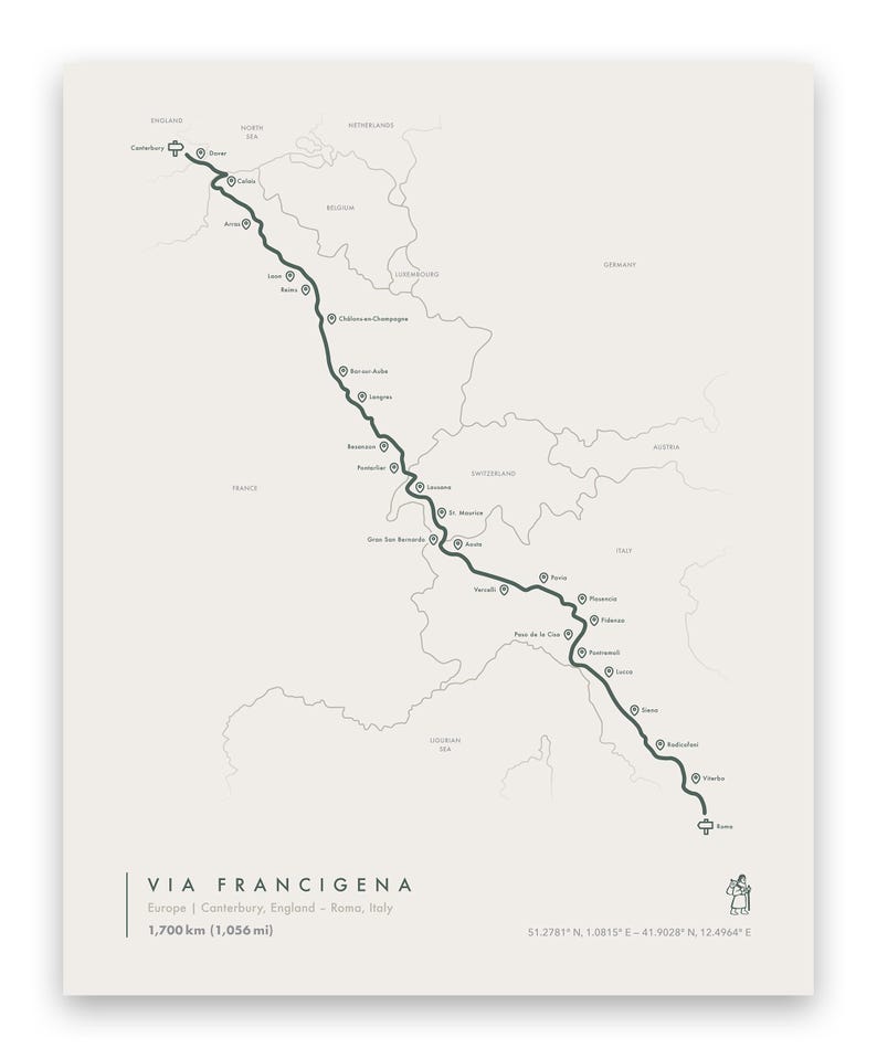 Via Francigena Map | Europe Hiking Trail Poster | Rome Italy Hiking Art ...
