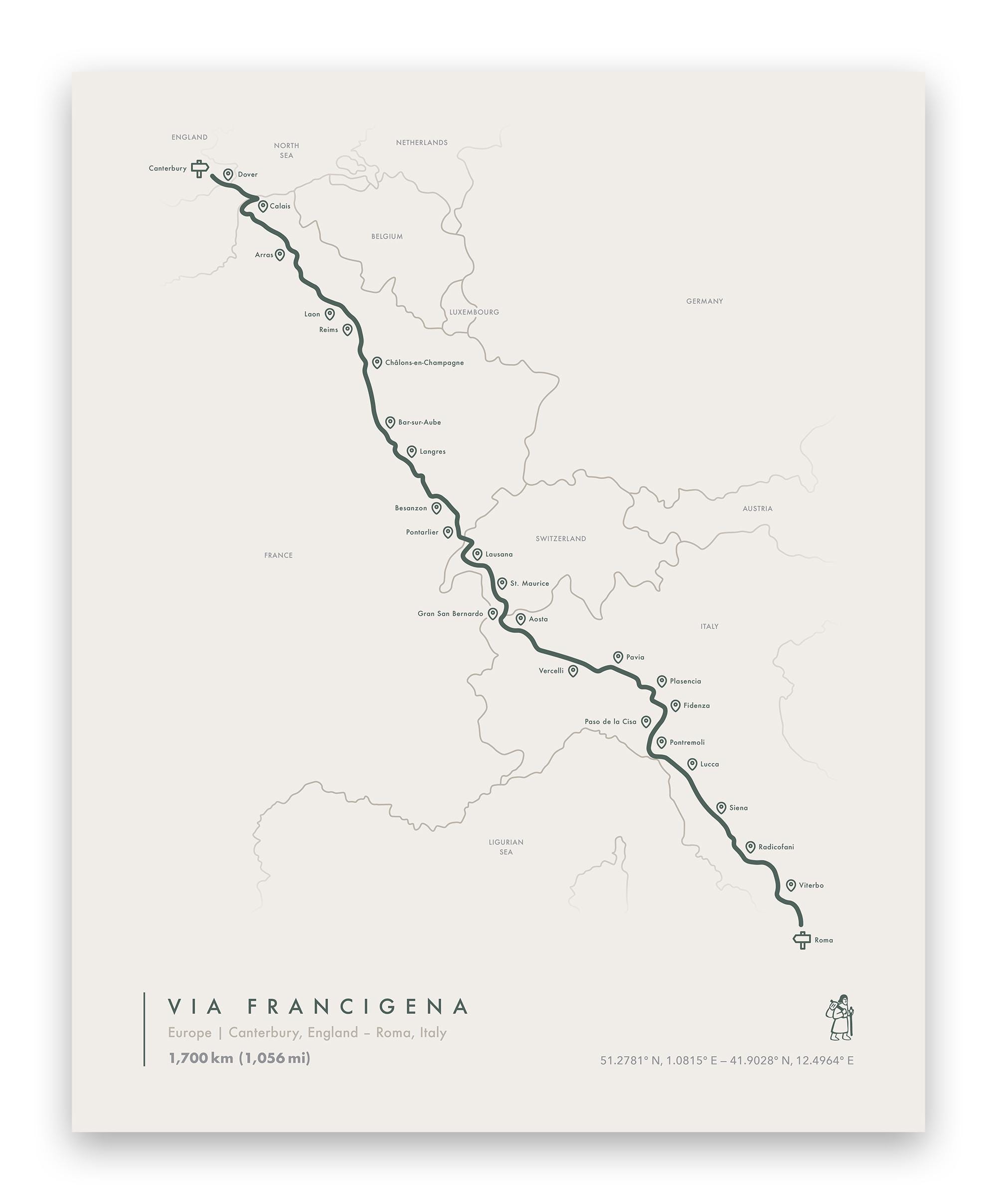 Via Francigena Map | Europe Hiking Trail Poster | Rome Italy Hiking Art ...
