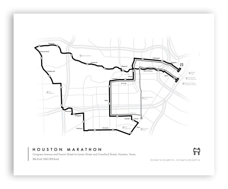 Houston Marathon Route Map Poster | Personalized Texas Running Wall Art ...
