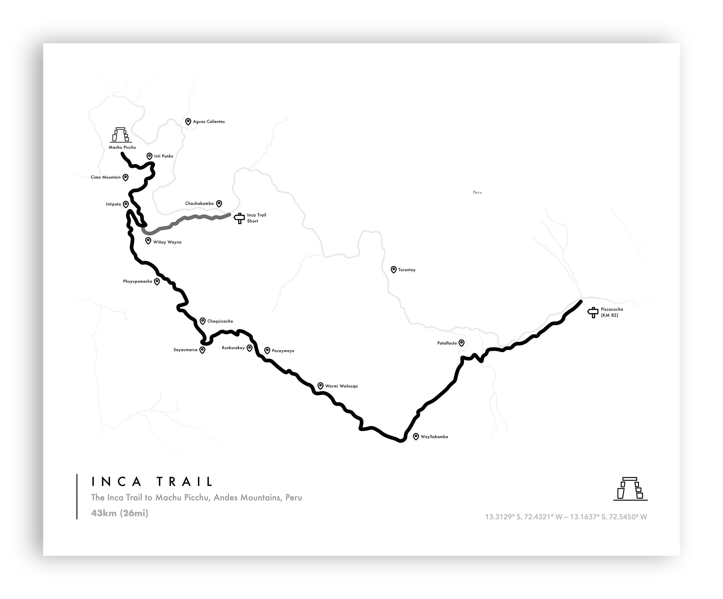 Inca Trail Map | Inca Trail Poster, Machu Picchu Art, Adventure ...