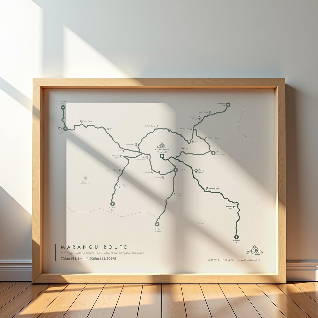 Marangu Route Map | Kilimanjaro Hiking Poster, Trail Map Art ...