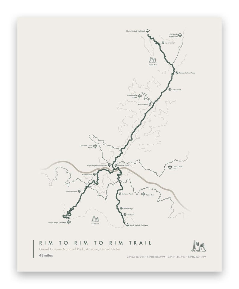 Rim to Rim to Rim Trail Map Art - Personalized Grand Canyon Wall Decor ...