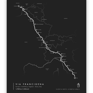 Via Francigena Map | Europe Hiking Trail Poster | Rome Italy Hiking Art ...