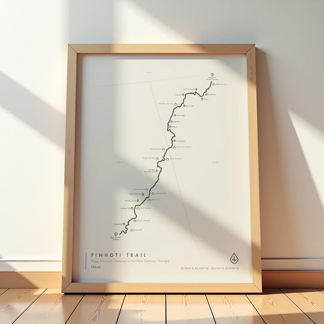 Pinhoti Trail Map Art | Georgia Hiking Poster & Alabama Recreation ...