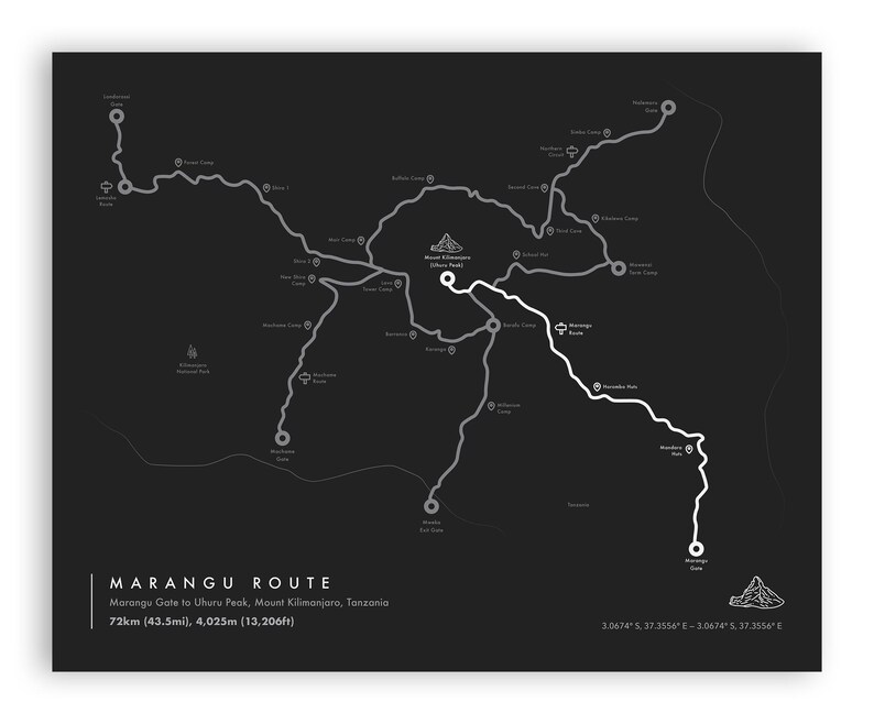 Marangu Route Map | Kilimanjaro Hiking Poster, Trail Map Art ...