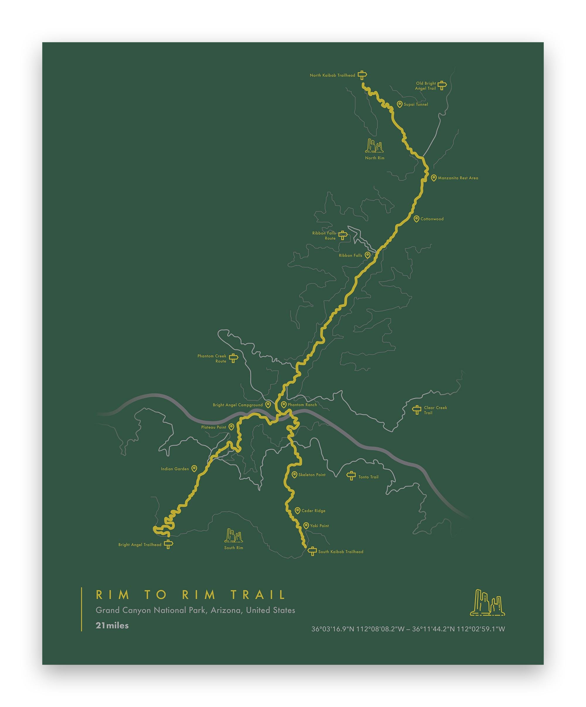 Rim to Rim Trail Map Art - Custom Wall Decor, Unique Hiking Gift ...