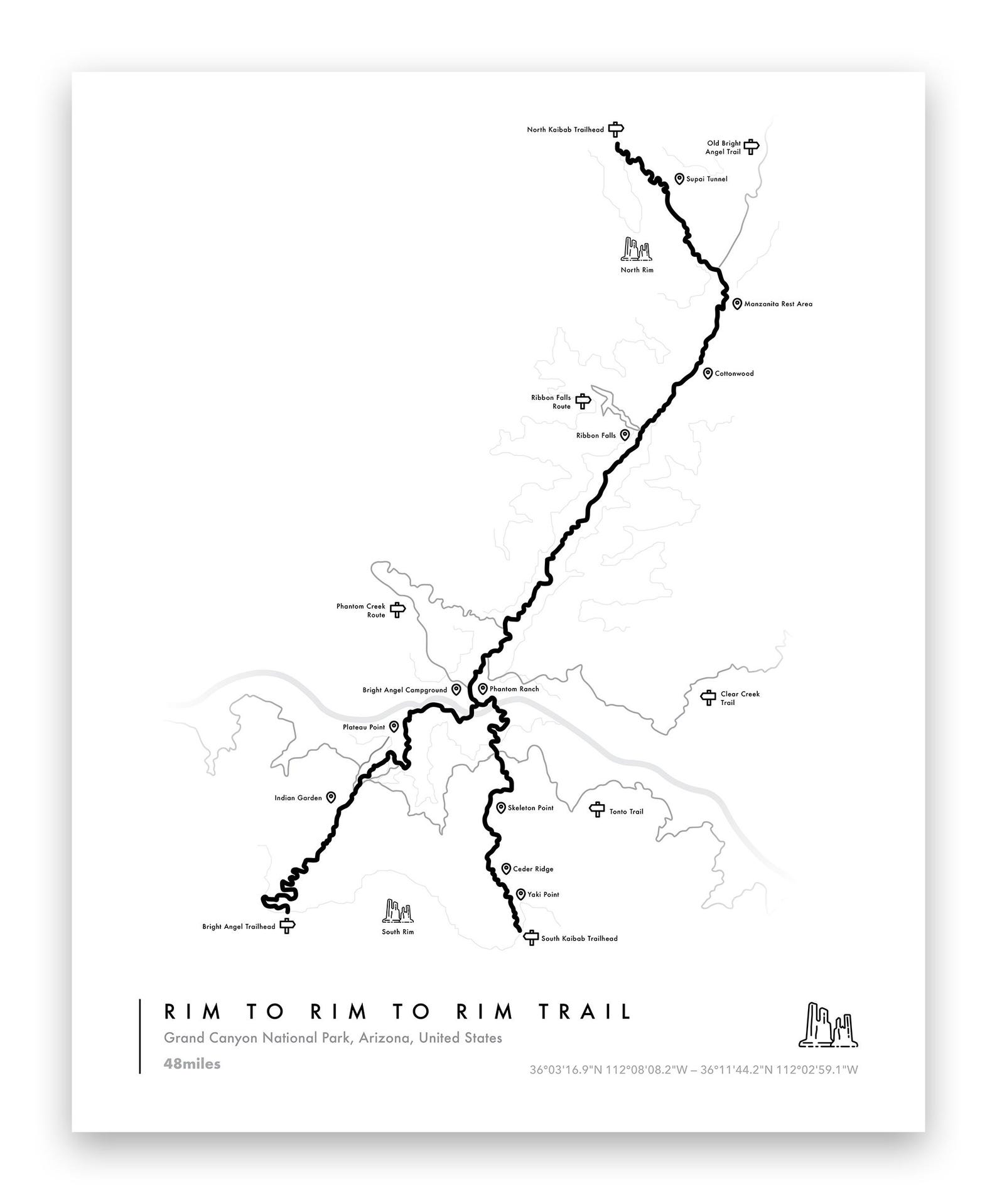 Rim to Rim to Rim Trail Map Art - Personalized Grand Canyon Wall Decor ...