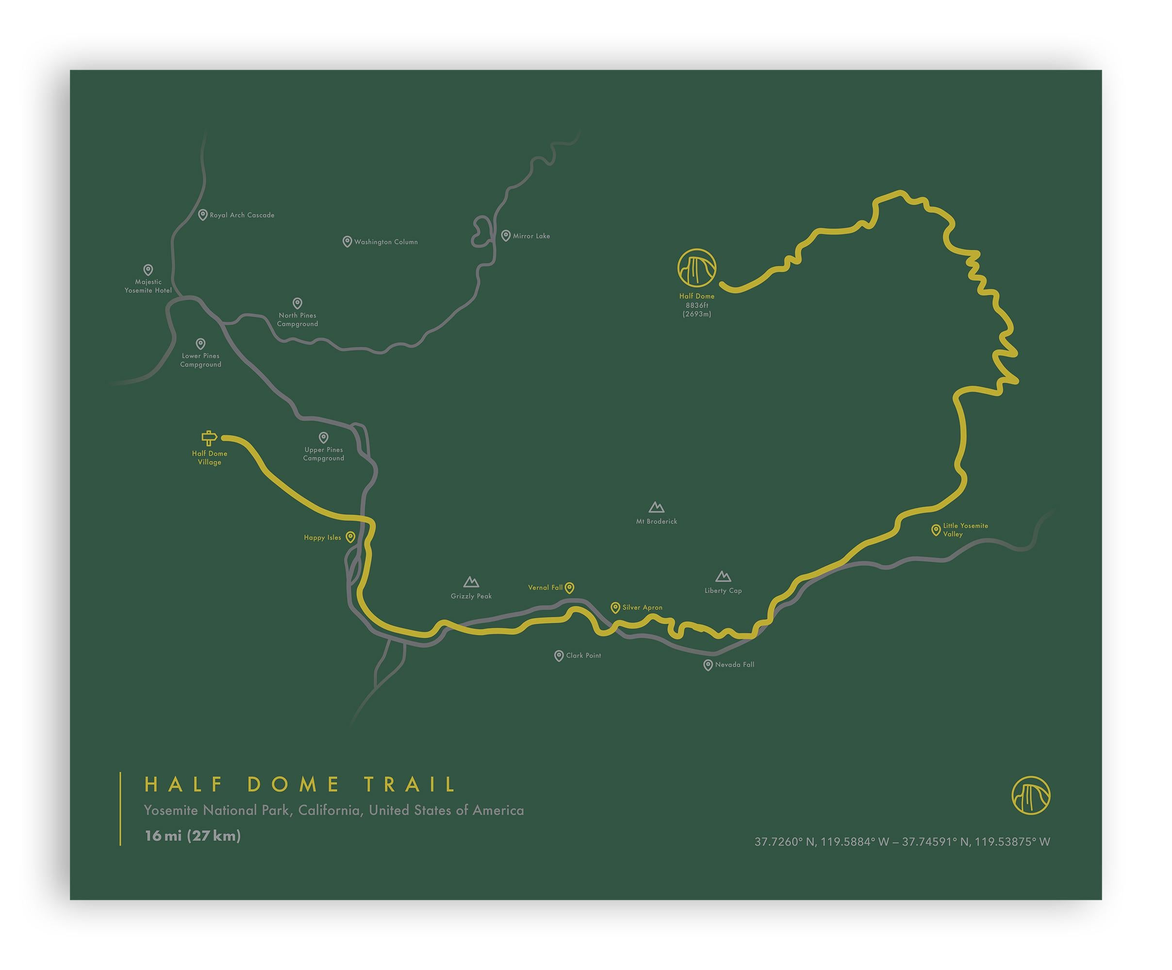 Half Dome Trail Map | Yosemite National Park Hike Poster | Trail Map ...