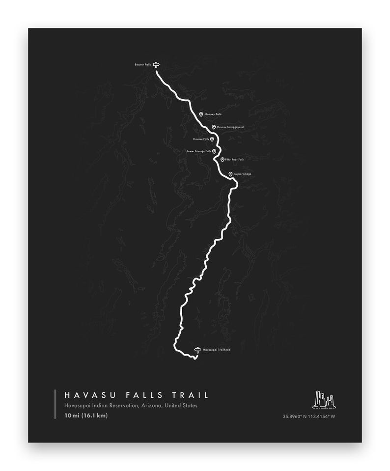 Havasu Falls Trail Map Print | Havasupai Trek Art, Beaver & Mooney ...