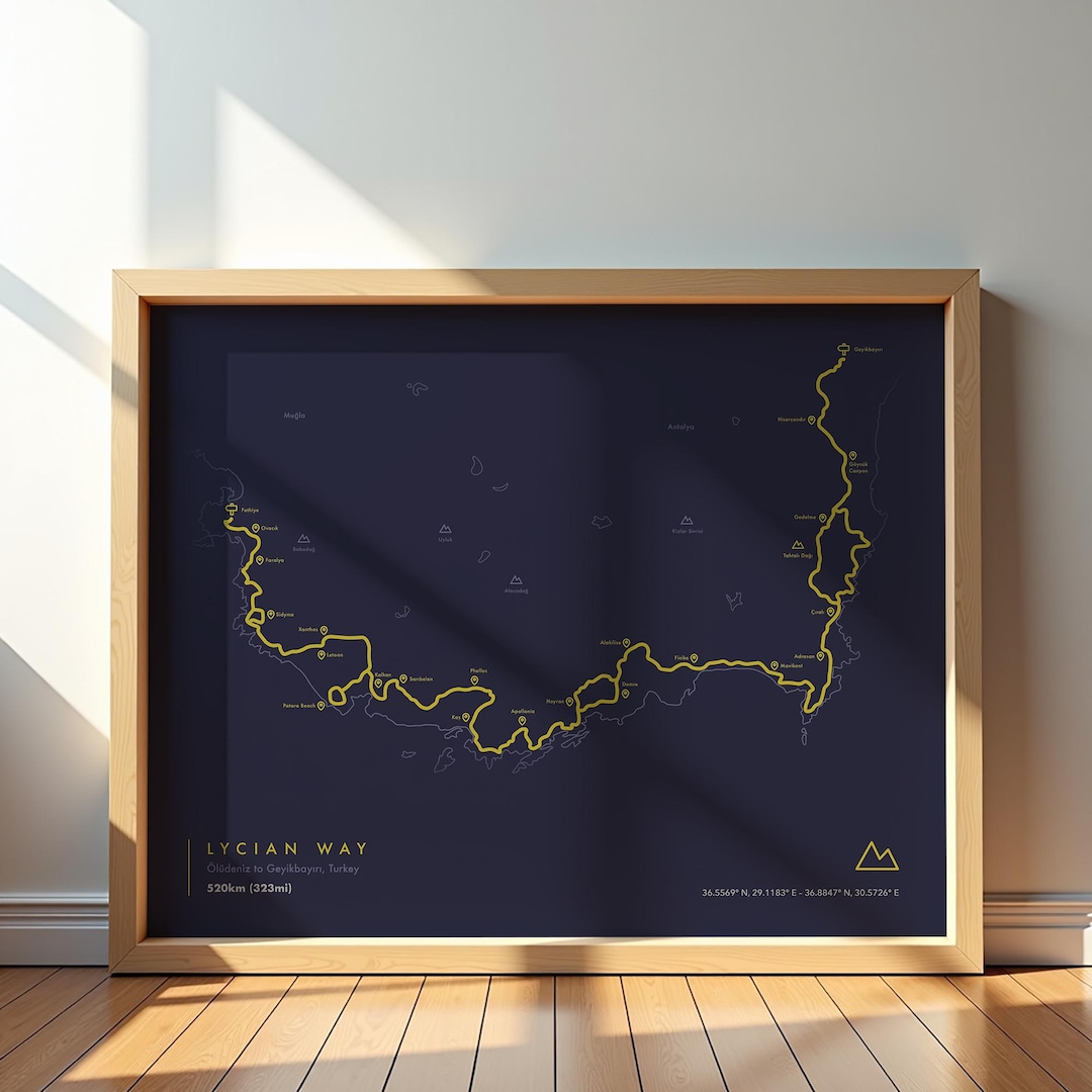 Lycian Way Map | Hiking Turkey Trail Poster | Adventure Wall Art for ...