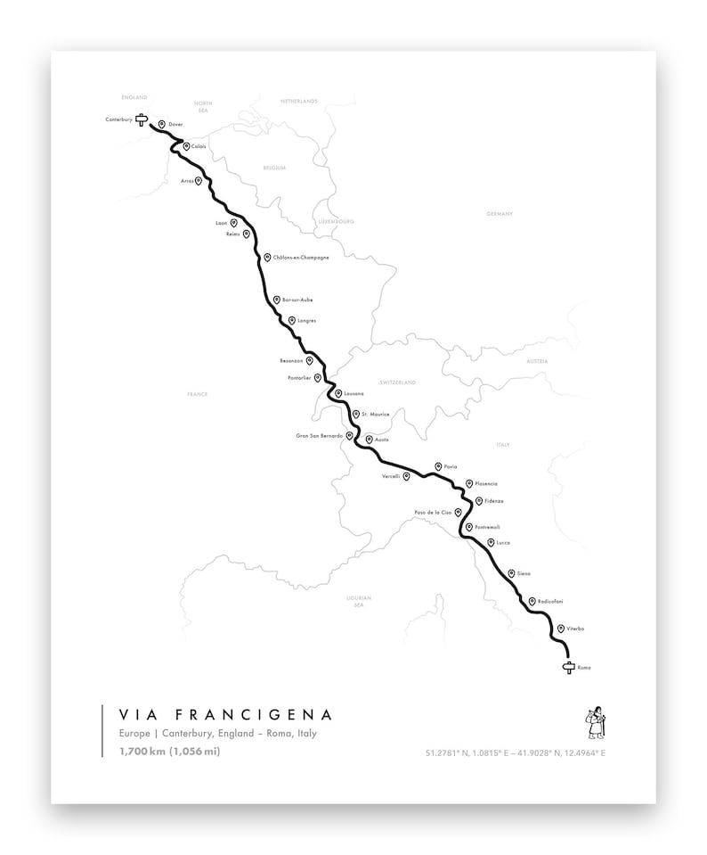 Via Francigena Map | Europe Hiking Trail Poster | Rome Italy Hiking Art ...