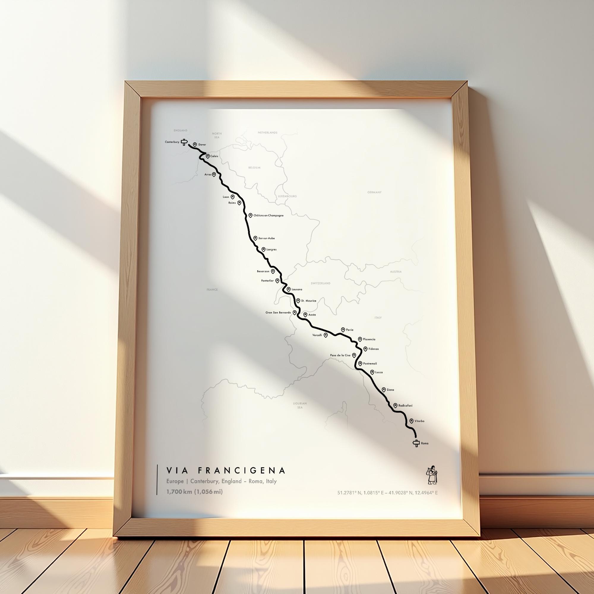 Via Francigena Map | Europe Hiking Trail Poster | Rome Italy Hiking Art ...