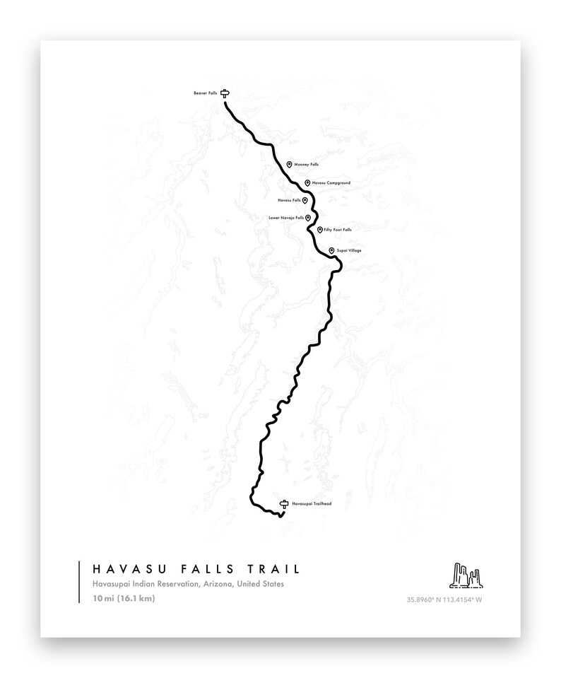 Havasu Falls Trail Map Print | Havasupai Trek Art, Beaver & Mooney ...