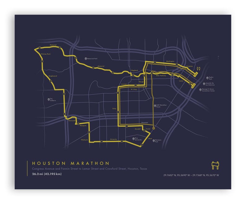 Houston Marathon Route Map Poster | Personalized Texas Running Wall Art ...