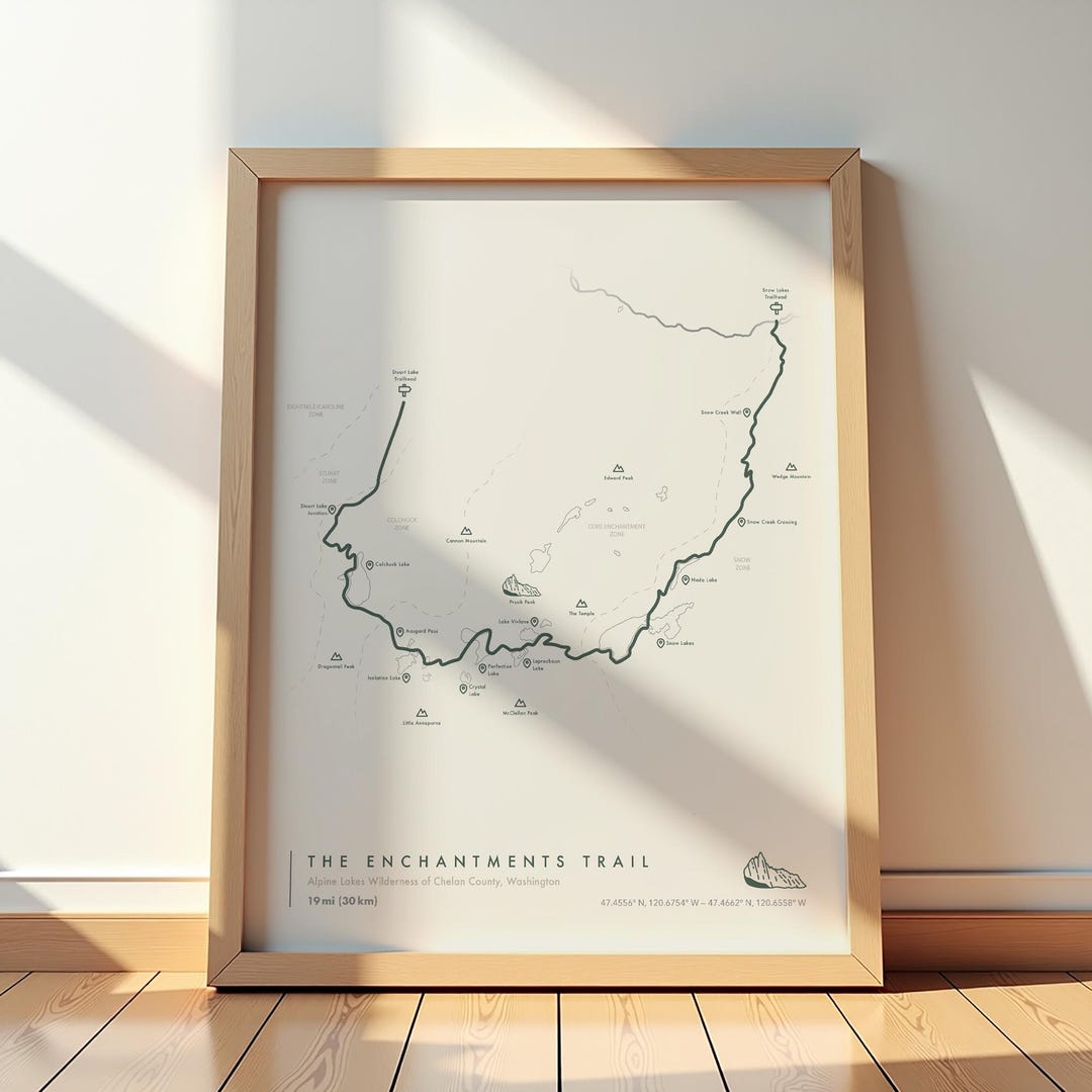 Enchantments Trail Map | Alpine Lakes Wilderness Poster Art | Hiking ...
