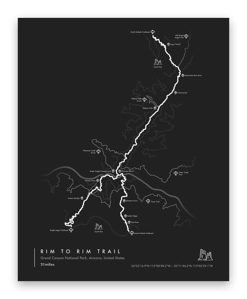 Rim to Rim Trail Map Art - Custom Wall Decor, Unique Hiking Gift ...