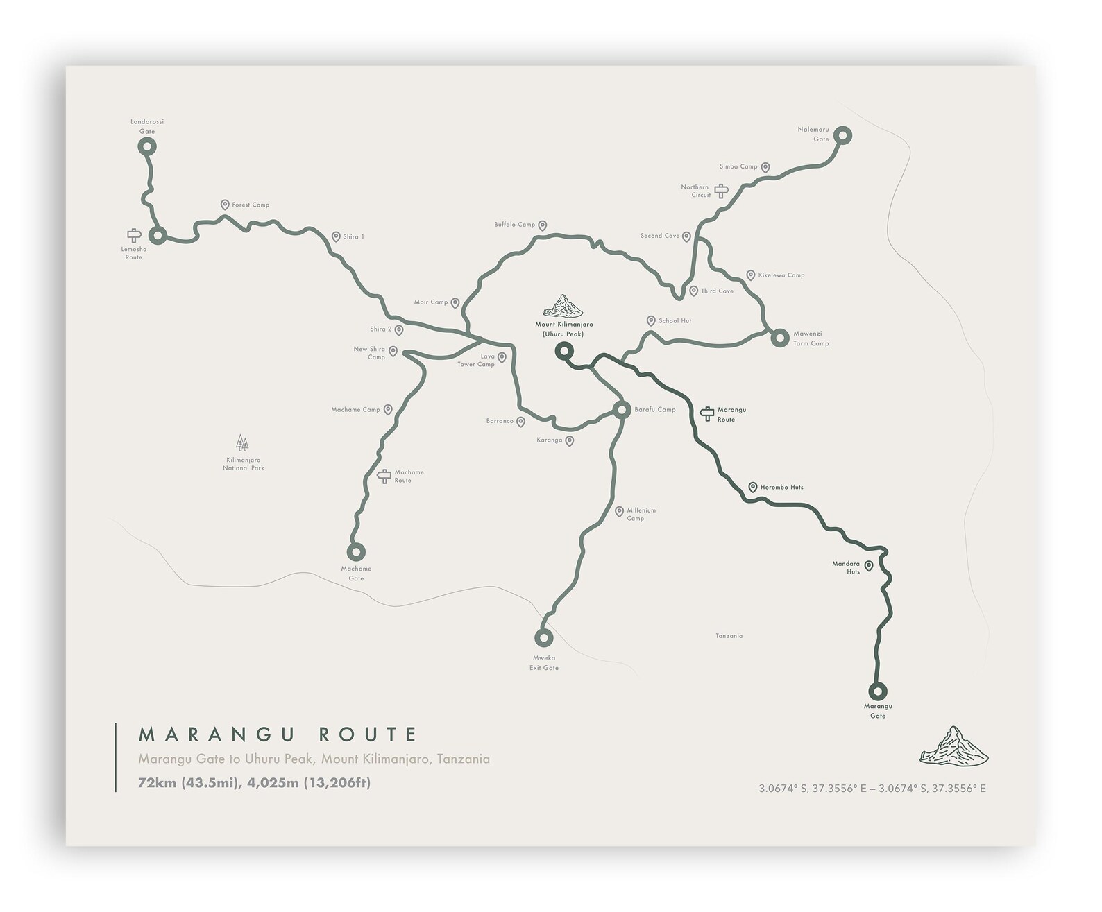 Marangu Route Map | Kilimanjaro Hiking Poster, Trail Map Art ...