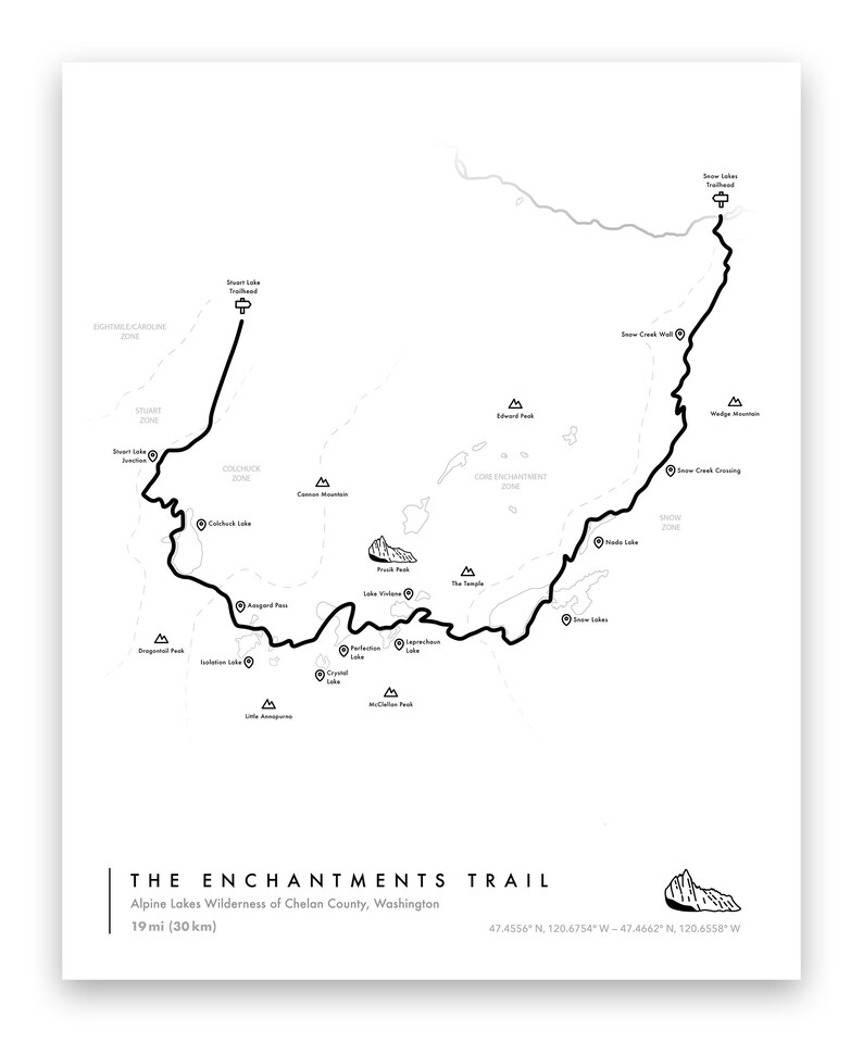 Enchantments Trail Map | Alpine Lakes Wilderness Poster Art | Hiking ...