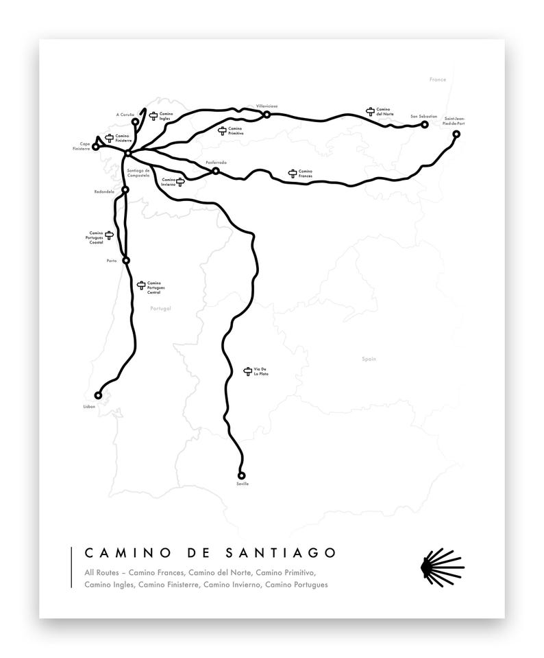 Camino De Santiago Trail Map Art - All Routes, Spain Pyrenees Hiking ...