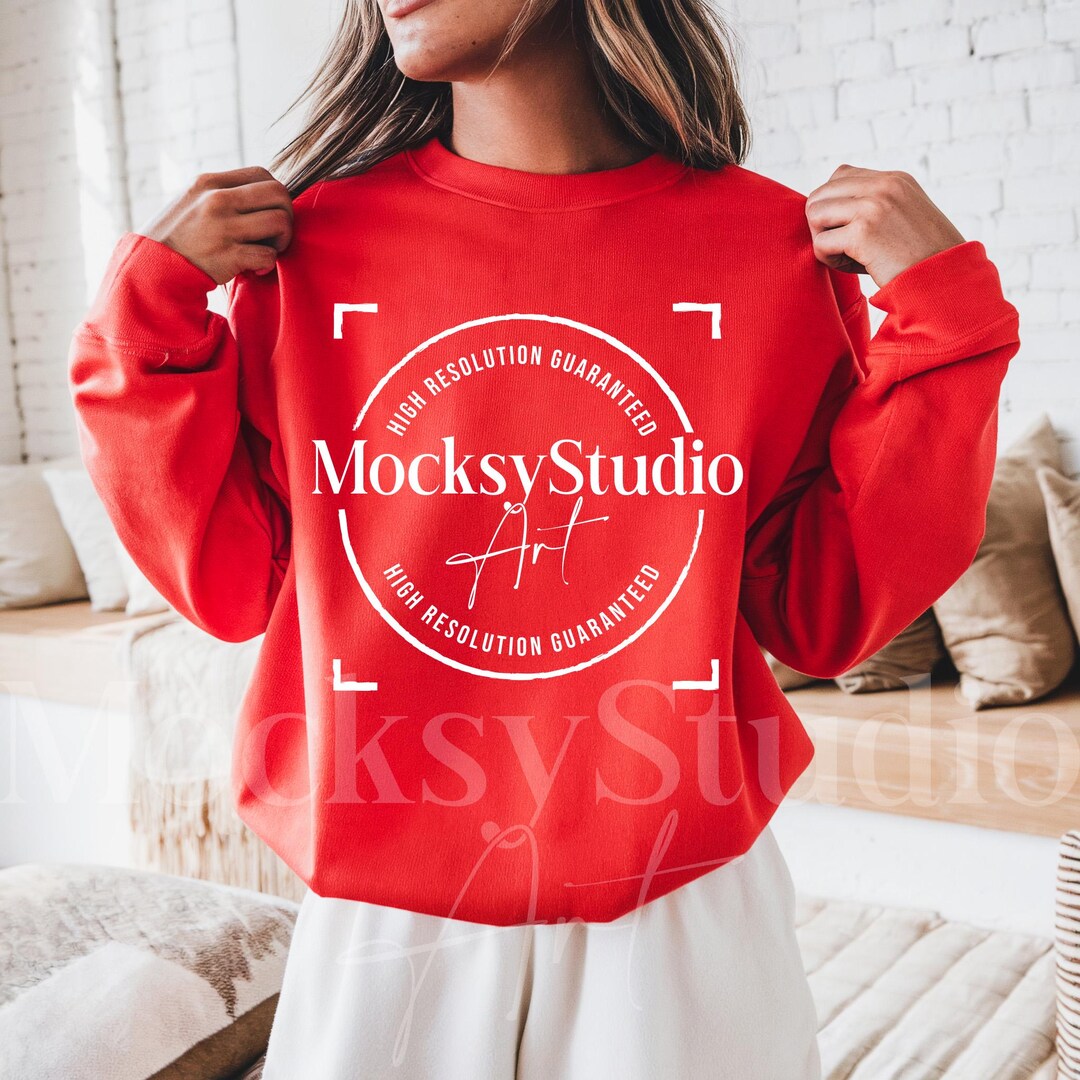 Gildan 18000 Red Mockup, G180 Red Crewneck Sweatshirt Mock-up, Heavy ...