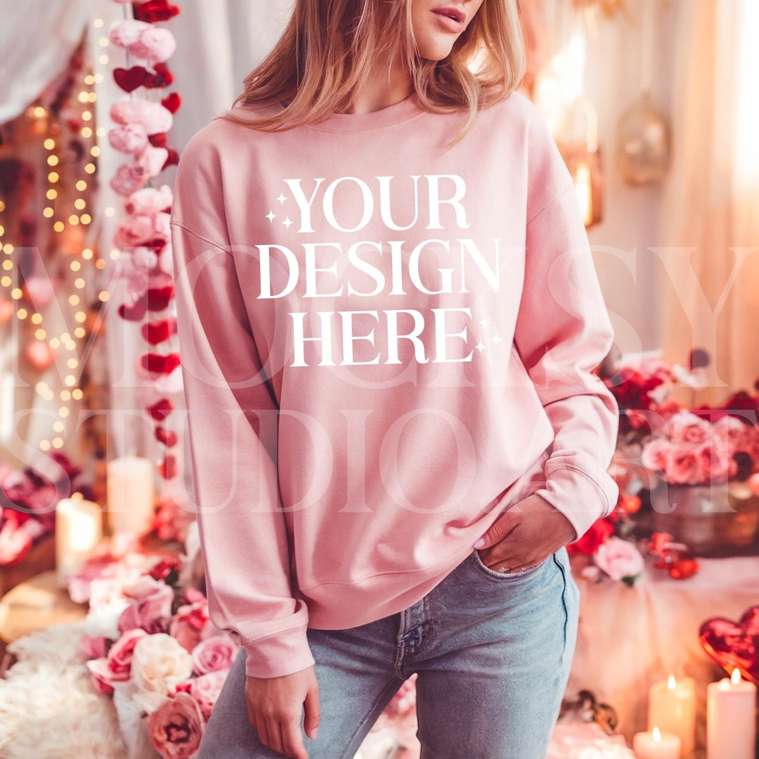 Gildan 18000 Light Pink Mockup Valentines Day Crewneck Sweatshirt ...