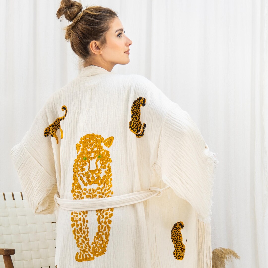 Leopard Fringes Robe, Cozy Gauze Kimono, Turkish Cotton Robe, Festival ...