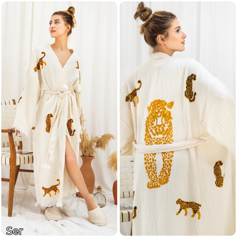 Leopard Fringes Robe, Cozy Gauze Kimono, Turkish Cotton Robe, Festival ...
