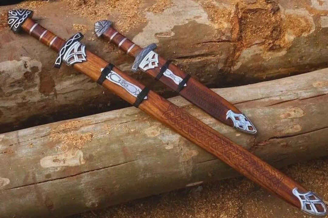 Brown Damascus Viking Sword Set With Scabbard | Handmade Norse Swords ...