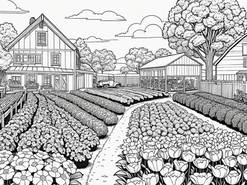 Flower Farm Digital Printable Colouring Page, Country, Flower, Art - Etsy