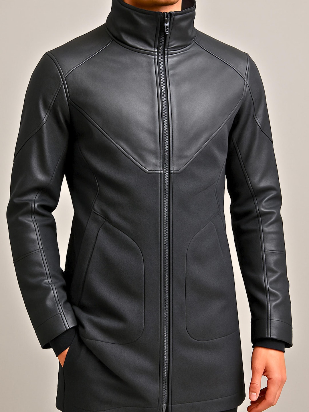 Cipher Panel Coat – Techwear Leather Jacket | Mid-thigh Cyberpunk ...