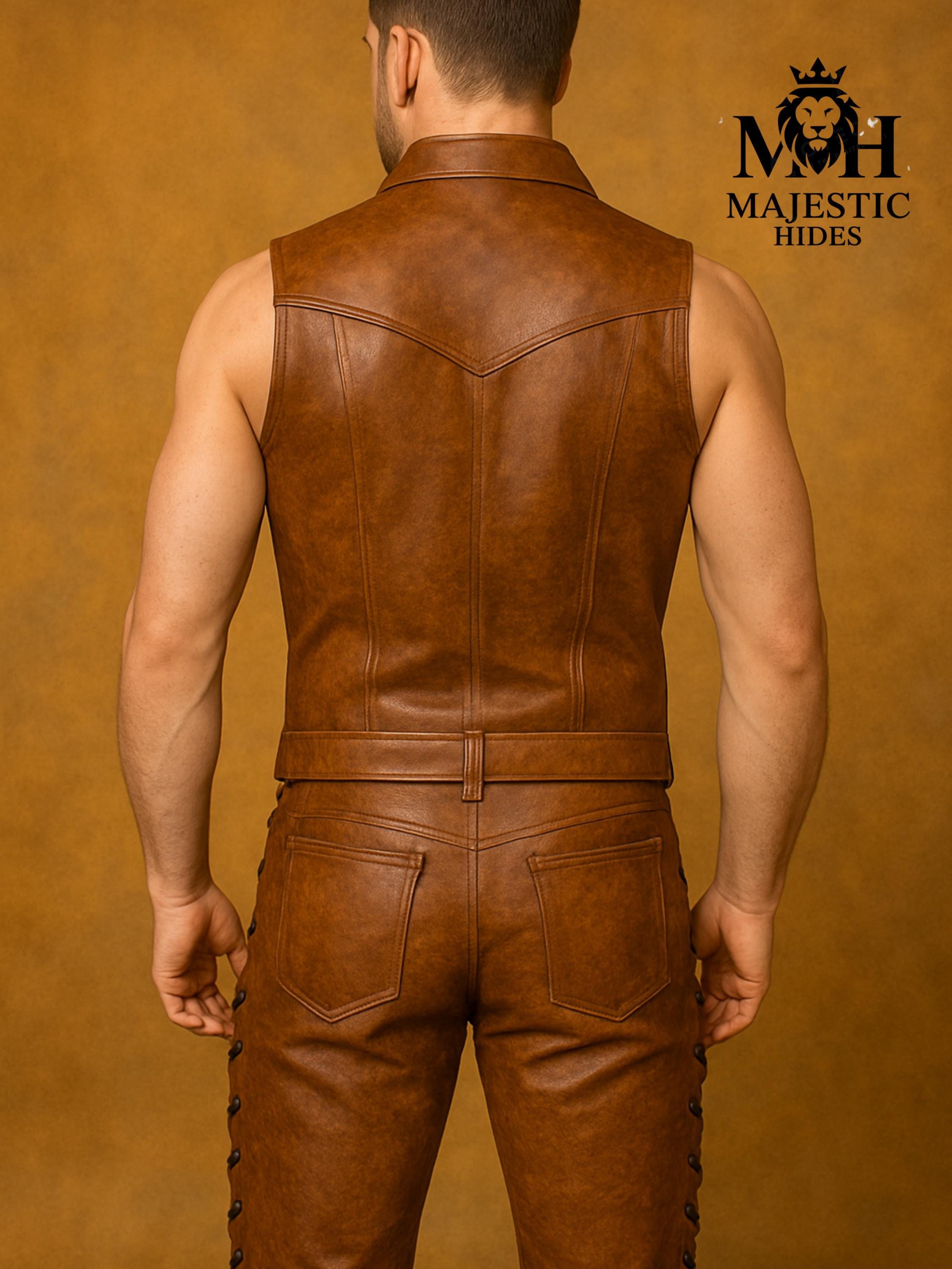 Men’s Brown Western Leather Vest & Pants Set – Cowboy Rodeo Style ...