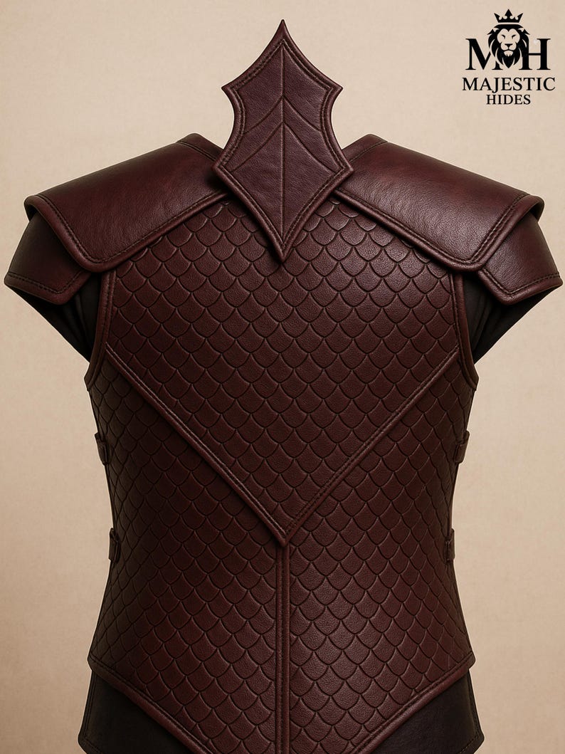 Dragonhide Plate Vest – Fantasy Scale Armor in Embossed Maroon Leather ...