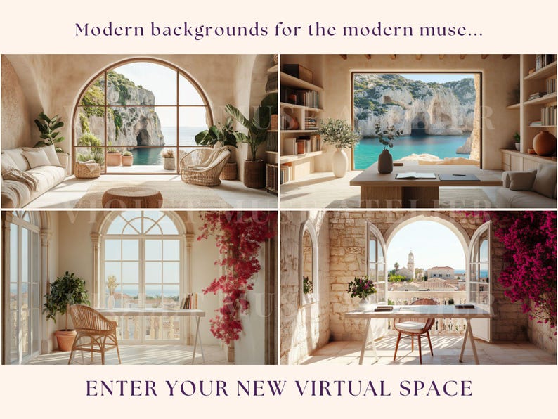 Elegant Coastal Zoom Background Bundle: 4 Mediterranean Virtual Office ...