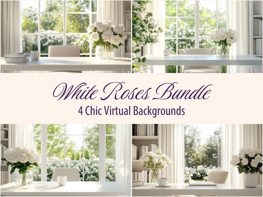 Chic Office Zoom Background Bundle: 4 Elegant White Rose Office Virtual ...