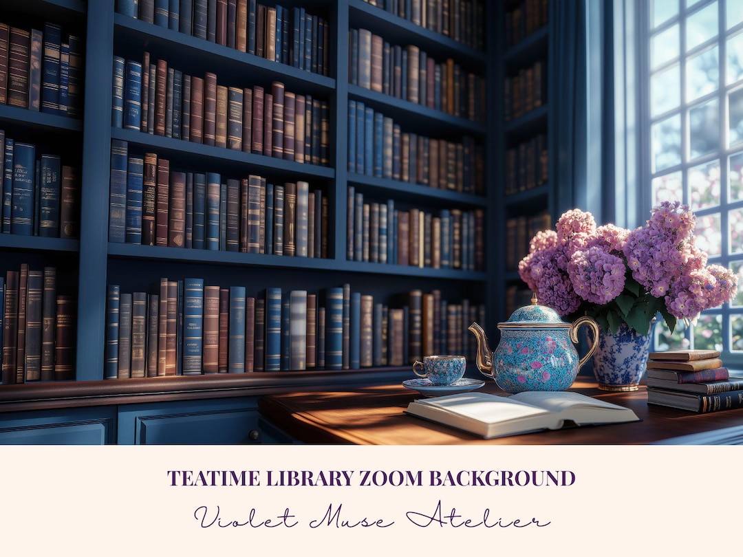 Teatime Library Zoom Background: Cozy Bookshelf & Window View Virtual ...