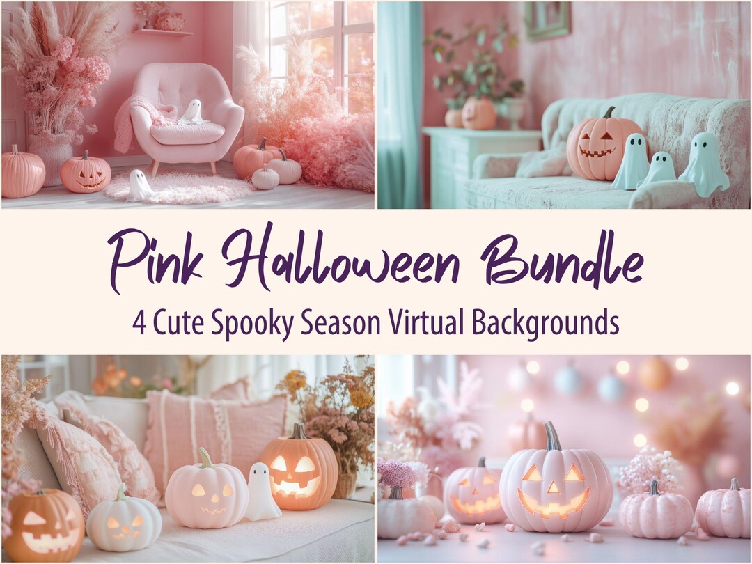 Cute Pink Halloween Zoom Background Bundle, Pastel Virtual Backdrops ...