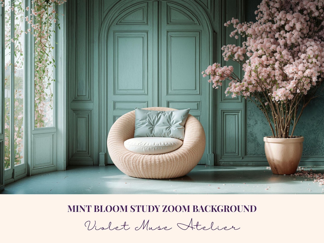Mint Bloom Study Zoom Background: Serene Home Office Virtual Backdrop ...
