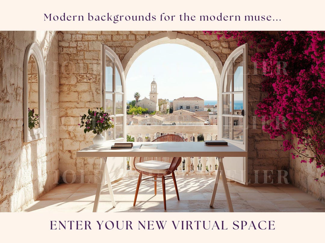 Elegant Balcony Office Zoom Background, Coastal Mediterranean Virtual ...