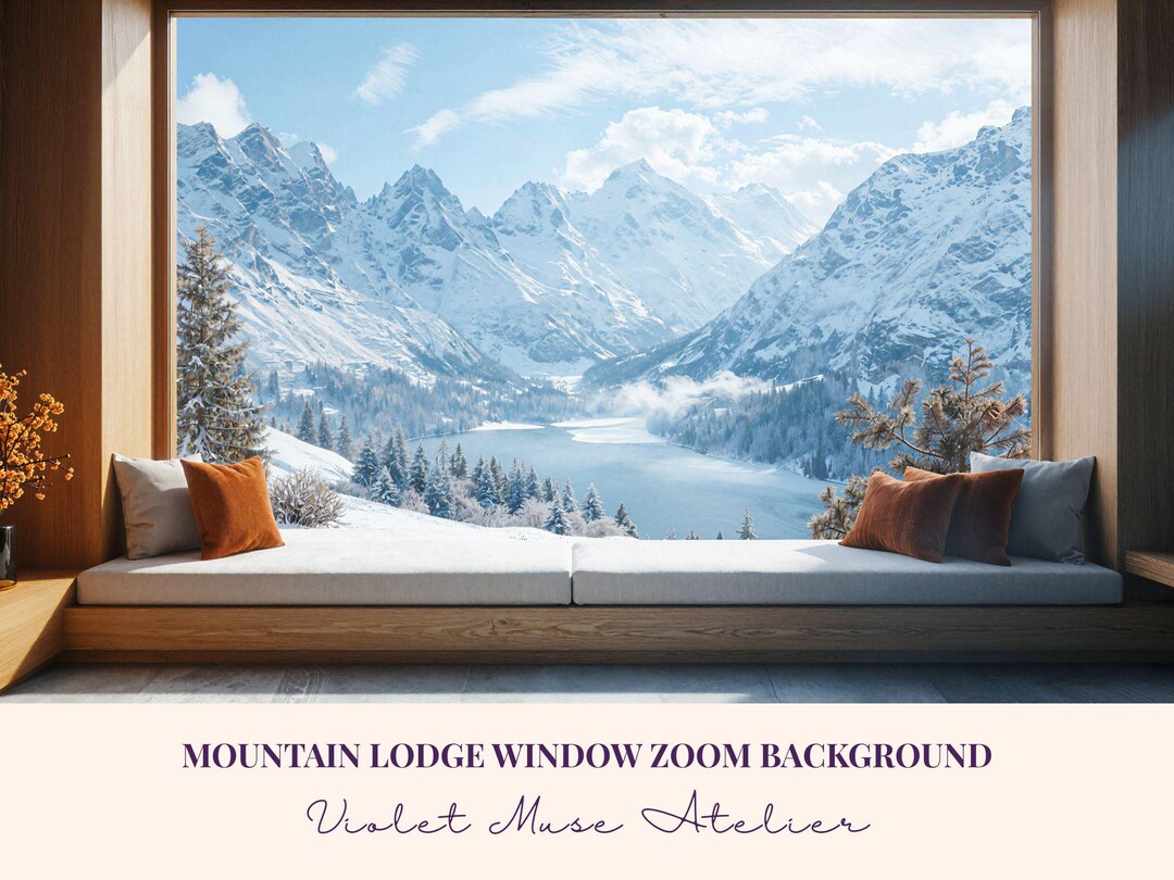 Snowy Mountain Window Zoom Background: Modern Snow Lodge Window Seat ...
