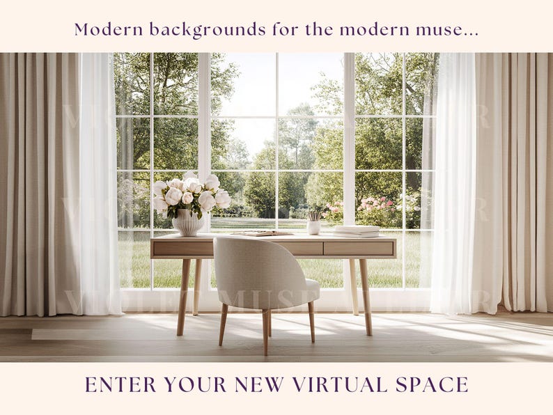 Neutral Window Office Zoom Background, Minimalist Floral Home Office ...