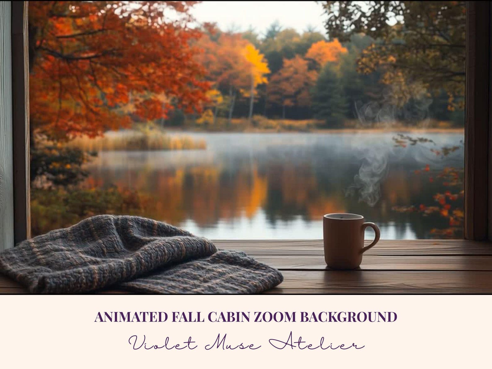 Animated Fall Cabin Zoom Background: Lake View Window Video Animation ...