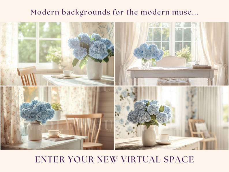 Hydrangeas Home Zoom Background Bundle: 4 Vintage Floral Office Virtual ...