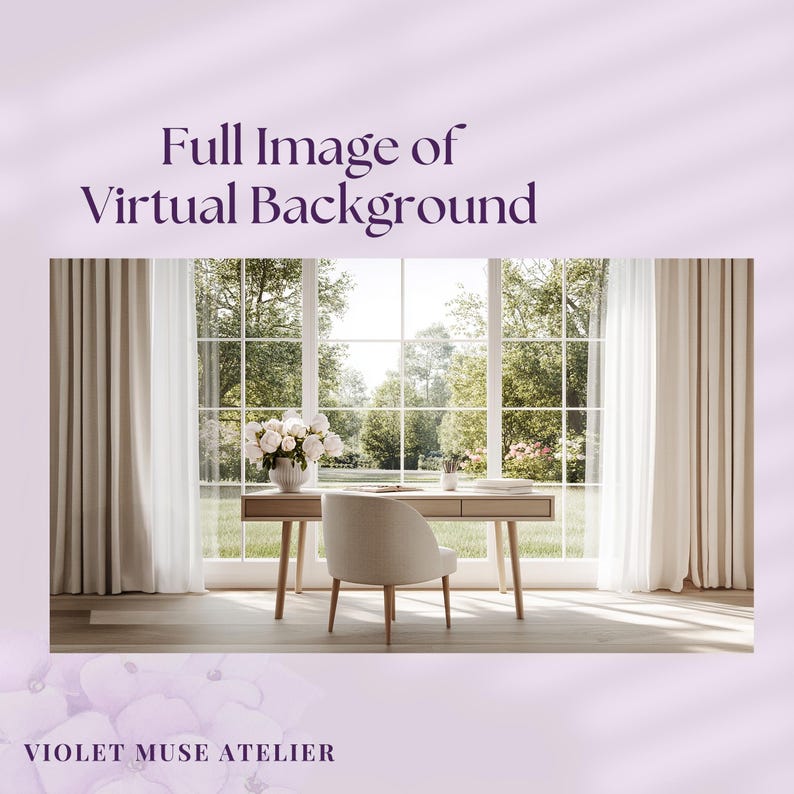 Neutral Window Office Zoom Background, Minimalist Floral Home Office ...