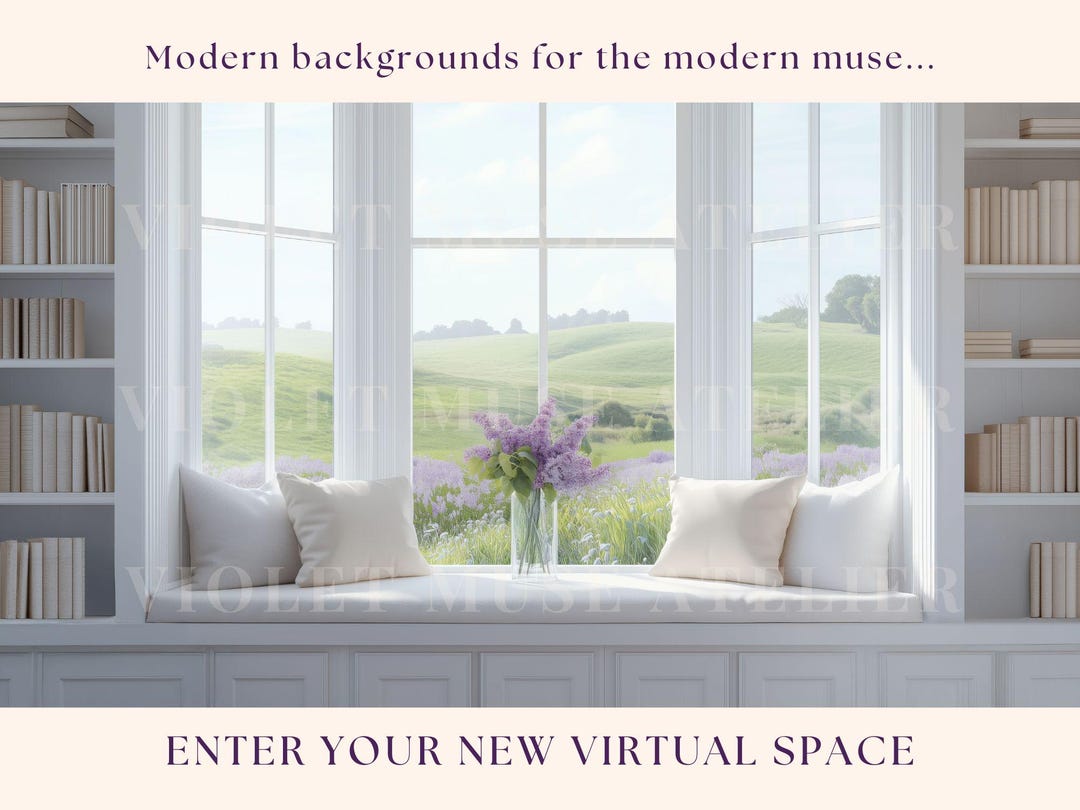 Lavender Window Seat Zoom Background With Bookshelves, Elegant Virtual ...