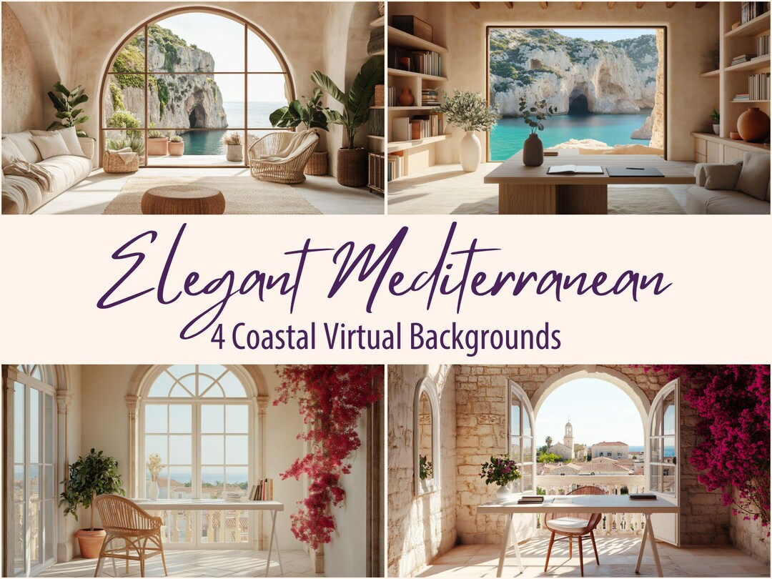 Elegant Coastal Zoom Background Bundle: 4 Mediterranean Virtual Office ...