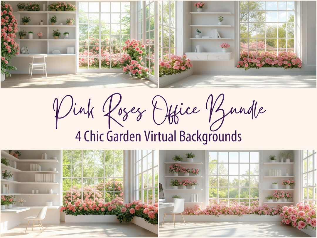 Pink Roses Office Zoom Background Bundle: 4 Chic Virtual Backdrops for ...