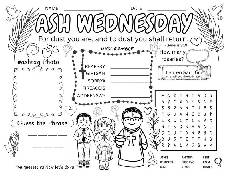 Ash Wednesday Placemat | Catholic Lent Activity Worksheet | Instant ...