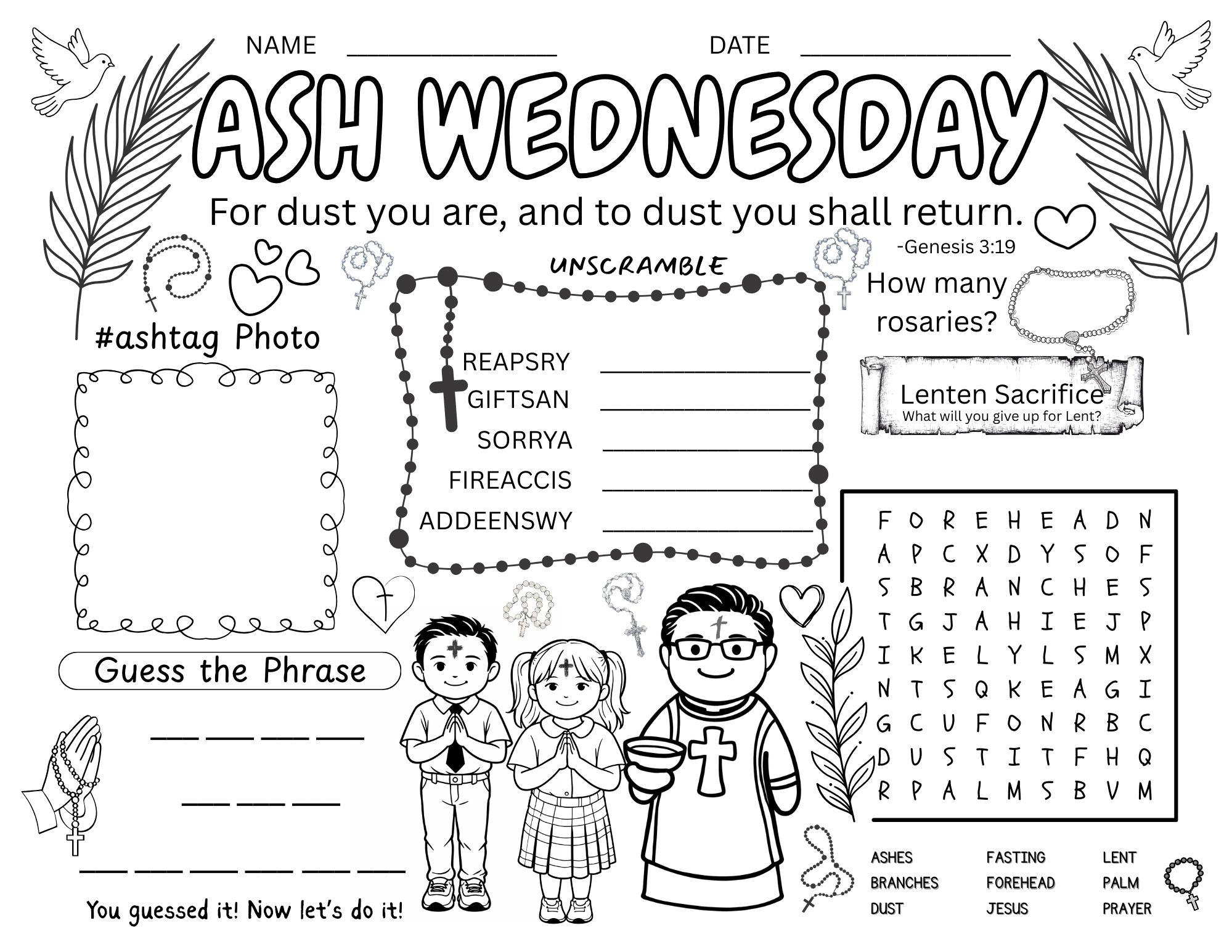 Ash Wednesday Placemat | Catholic Lent Activity Worksheet | Instant ...