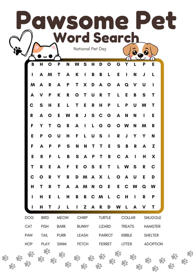 National Pet Day Word Search Puzzle – Fun Printable Activity! Pawsome ...